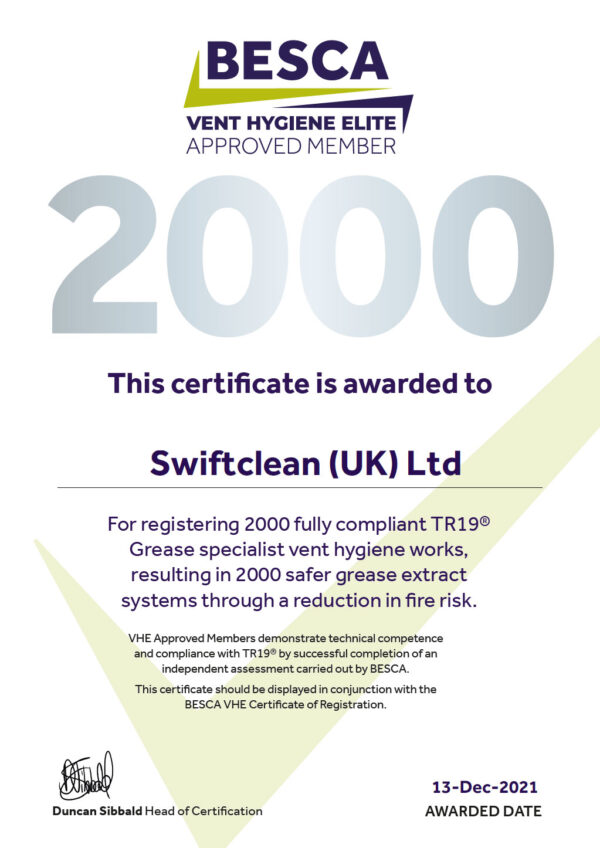 Swiftclean marks 2000 BESCA certified TR19® Grease compliant cleans ...